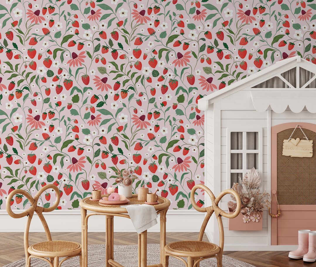 Wild Strawberry and Flower Wallpaper, Wall Mural, Removable, Self ...