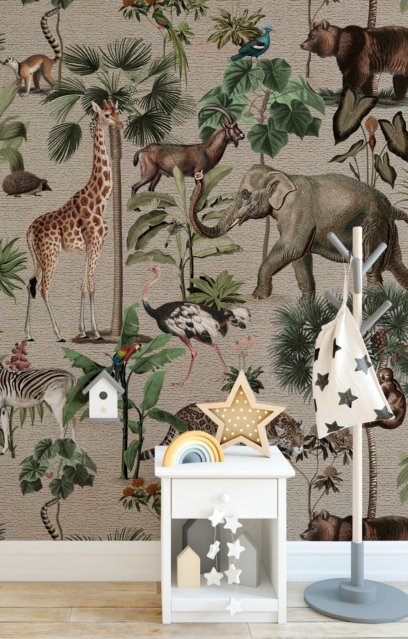 Vintage Jungle Animals Wallpaper, Tropical Decor, Kids Wall Art ...