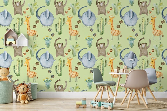 Light Green Wallpaper for Kids With African Animals Safari - Etsy