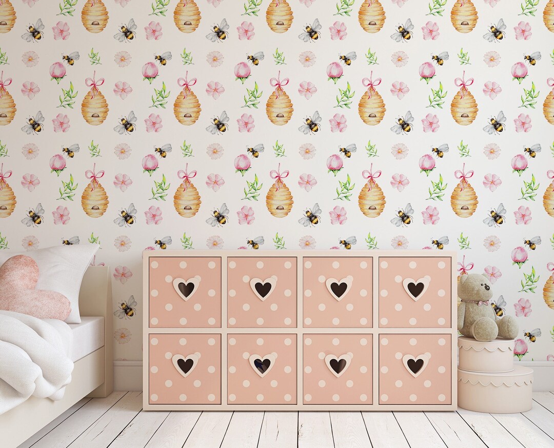 Bee Wallpaper, Hive, Pink Flowers, and Green Leaves, Removable, Nursery ...