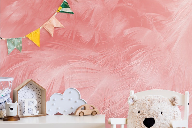 Pink Wallpaper With Feathers Wallpaper for Kids Nursery Wall | Etsy