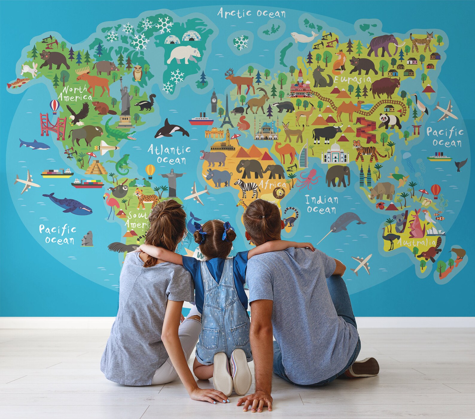 Cartoon World Map Wallpaper Earth Map Animals of the World - Etsy