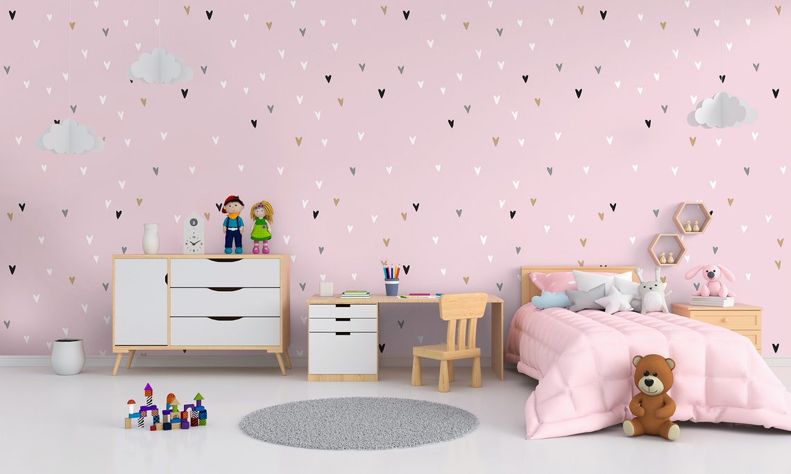 Beige Hearts Wallpaper With White Background, Wall Kids Mural, Nursery ...
