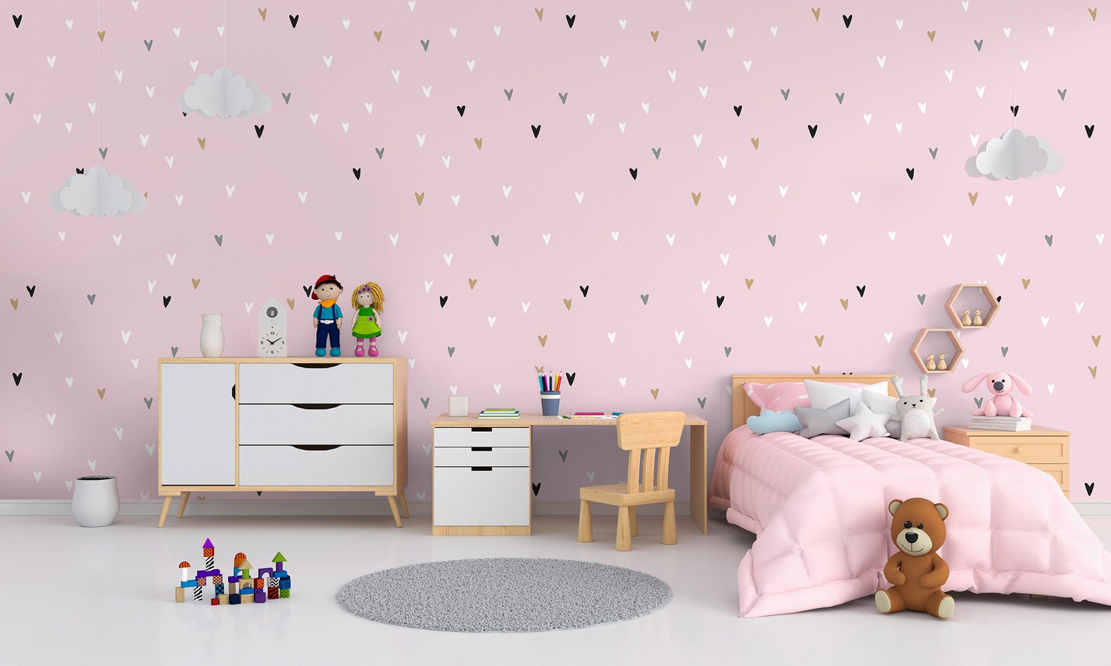 Beige Hearts Wallpaper With White Background, Wall Kids Mural, Nursery ...