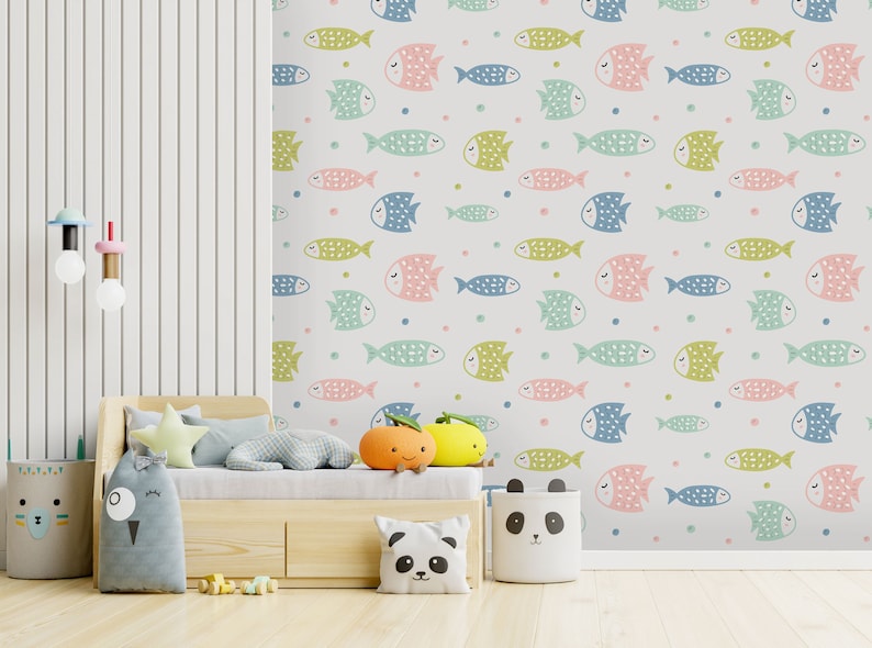 Childish Wallpaper With Fish, Kids Mural, Nursery Wallpaper, Peel ...