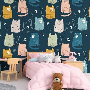Cute Cat Wallpaper, Colorful Cats Pattern, Navy Blue Background | Peel ...