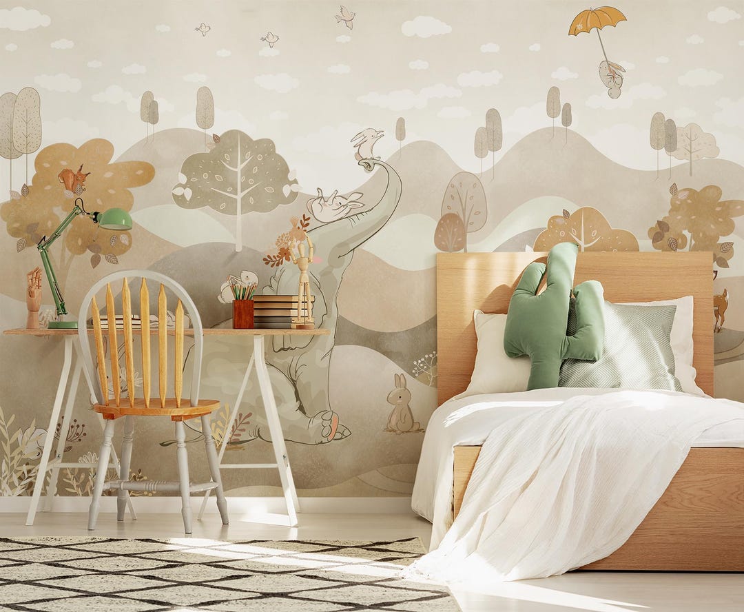Animal Watercolor Wallpaper, Tree & Mountain Landscape Wall Decor ...