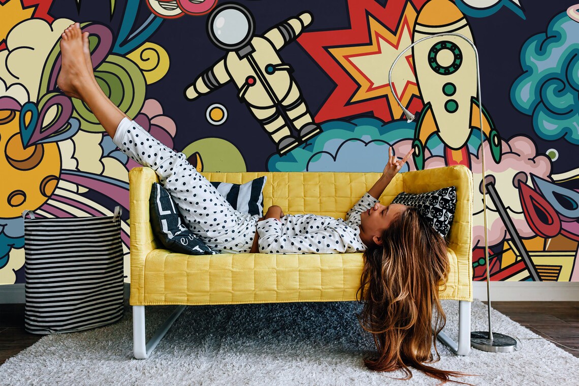 Cartoon Cosmos and Aliens Mural Space Pattern Wallpaper for | Etsy