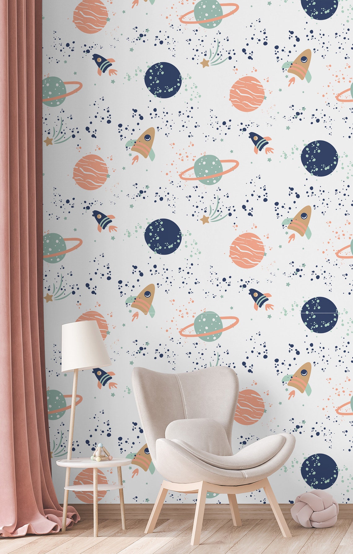 White Vector Space Wallpaper, Planets & Stars Mural, Wallpaper for Kids ...