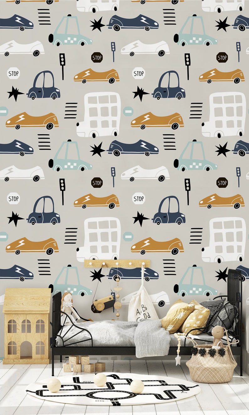 Gray Wallpaper for Kids With Cartoon Cars and Road Signs, Nursery Wall ...