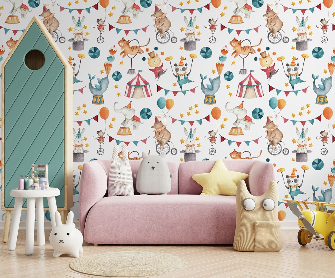 Watercolor Baby Animal Wallpaper, Removable, Nursery Wall Art, Self ...