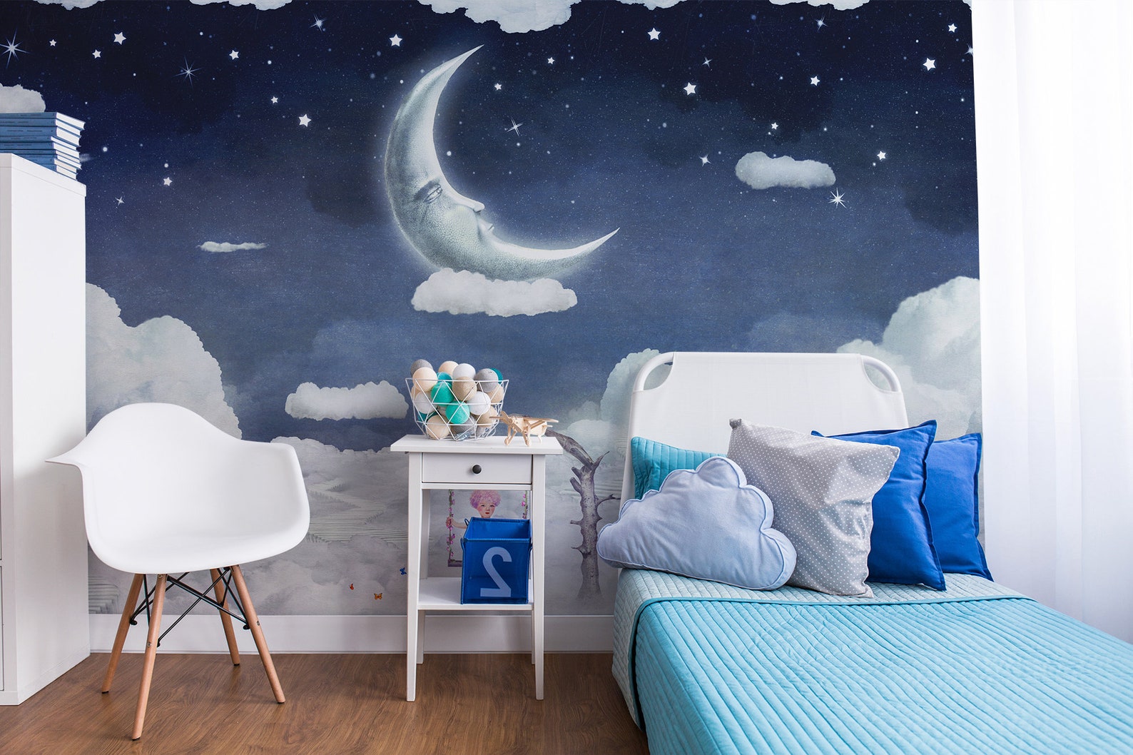 Watercolor Magical Night Mural Moon and Stars Wallpaper for - Etsy
