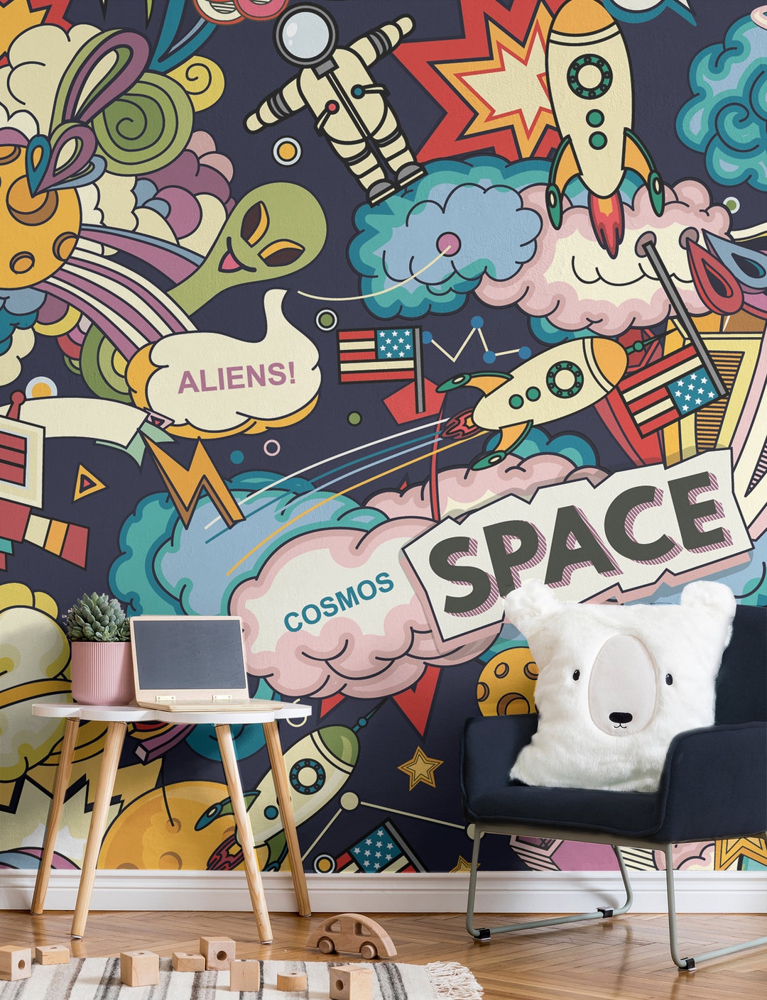 Cartoon Cosmos and Aliens Mural Space Pattern Wallpaper for - Etsy
