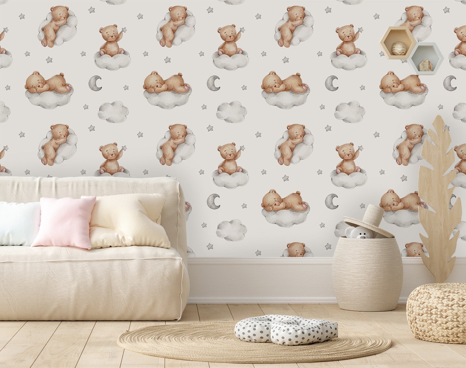 Wallpaper With Teddy Bears on Clouds Moon Stars Wall Kids | Etsy