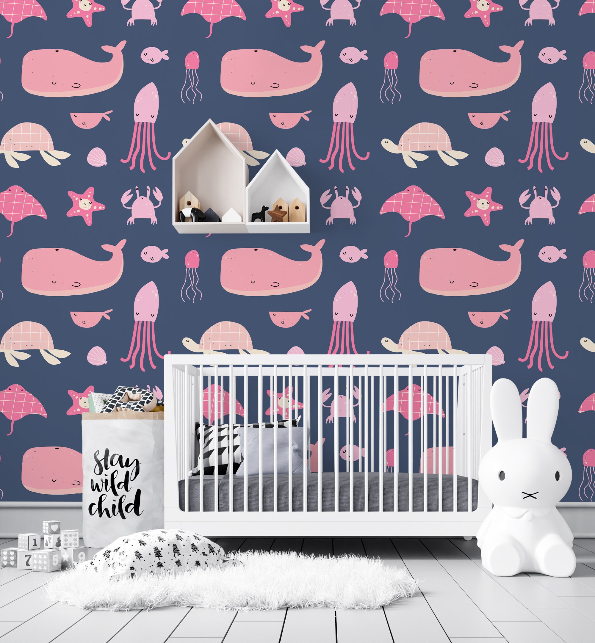 Navy Blue Baby Wallpaper With Pink Sea Animals and Fish | Etsy