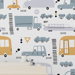Cartoon Vehicles Mural, Car Pattern, Wallpaper for Kids, Nursery Wall ...