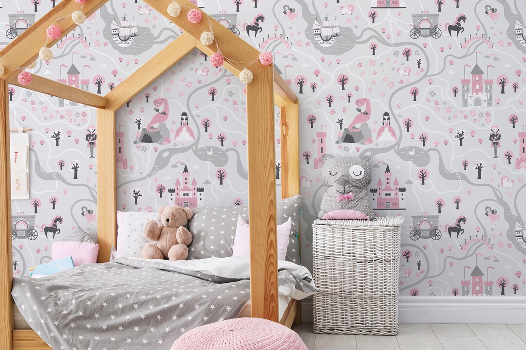 Princess Castle Map Nursery Wall Decor - Gray Pink Peel and Stick ...