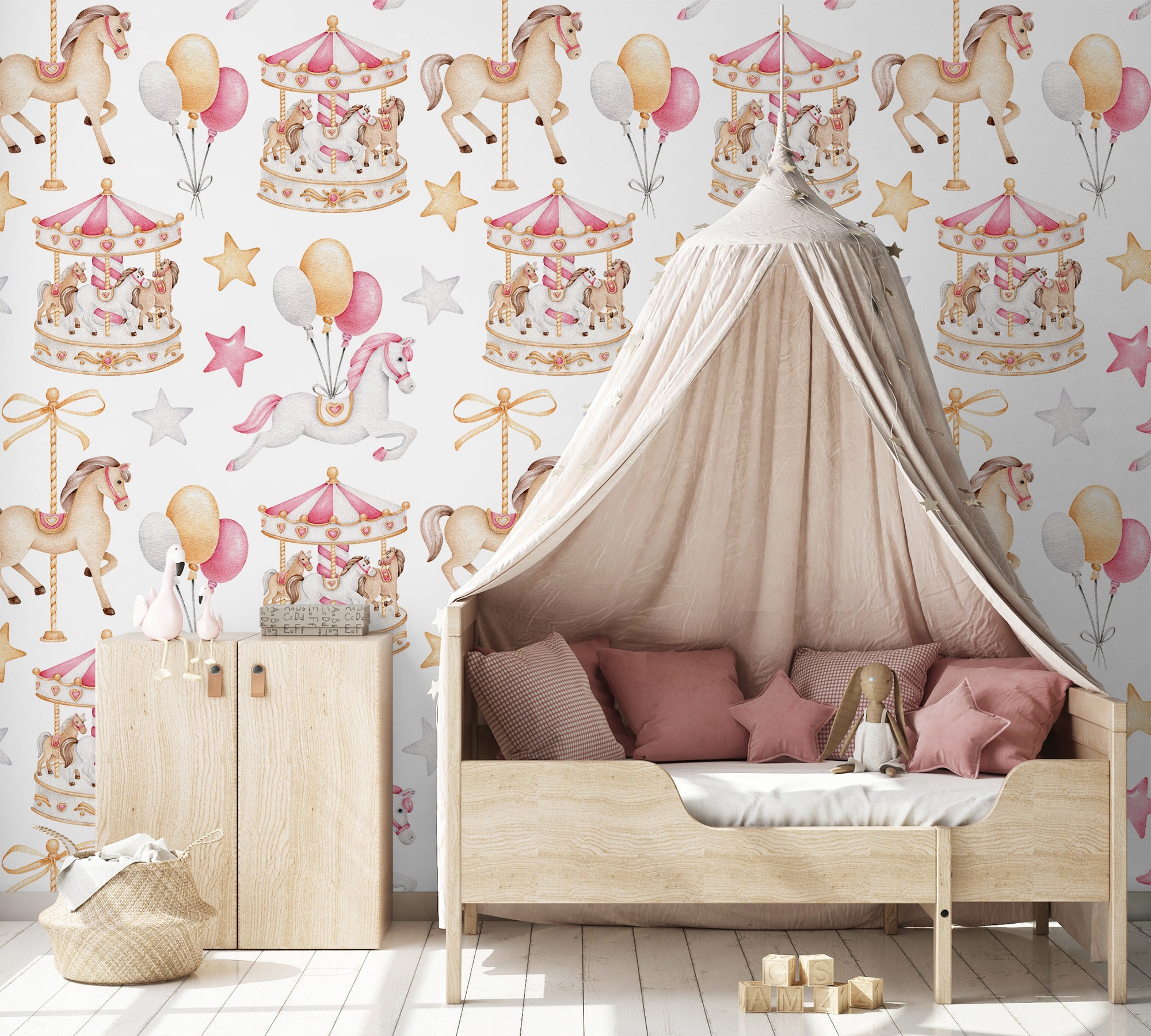 Pastel Wallpaper With Carousel Pattern and Animals Removable - Etsy