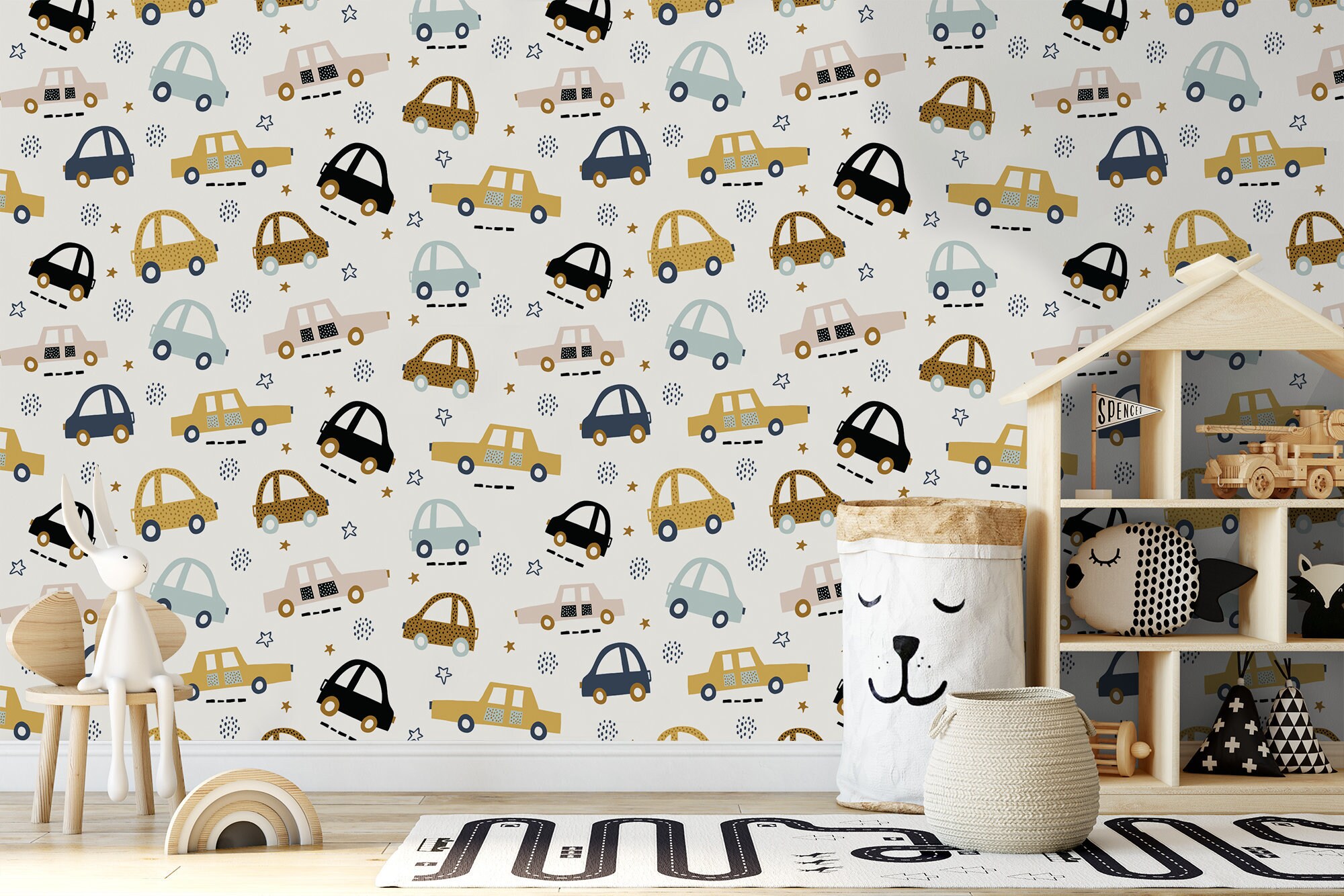 White Wallpaper for Boys, Kids Wallpaper With Cartoon Cars, Nursery ...
