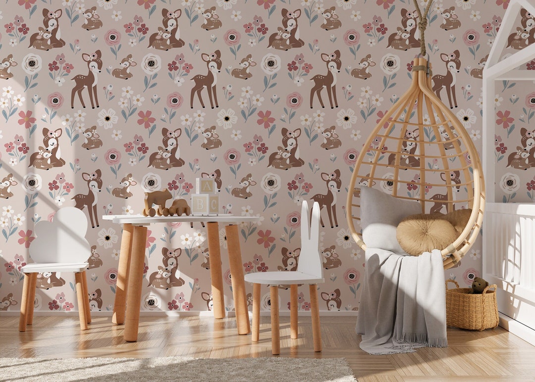 Vintage Animal Wallpaper, Deer, Floral Wall Mural, Removable, Self ...