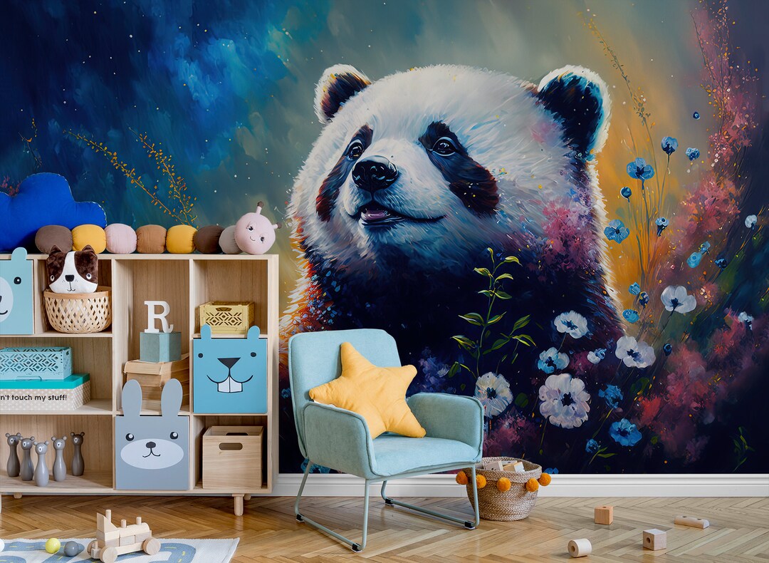 Blue Animal Wallpaper, Floral Mural, Removable Mural, Nursery Wall Art ...