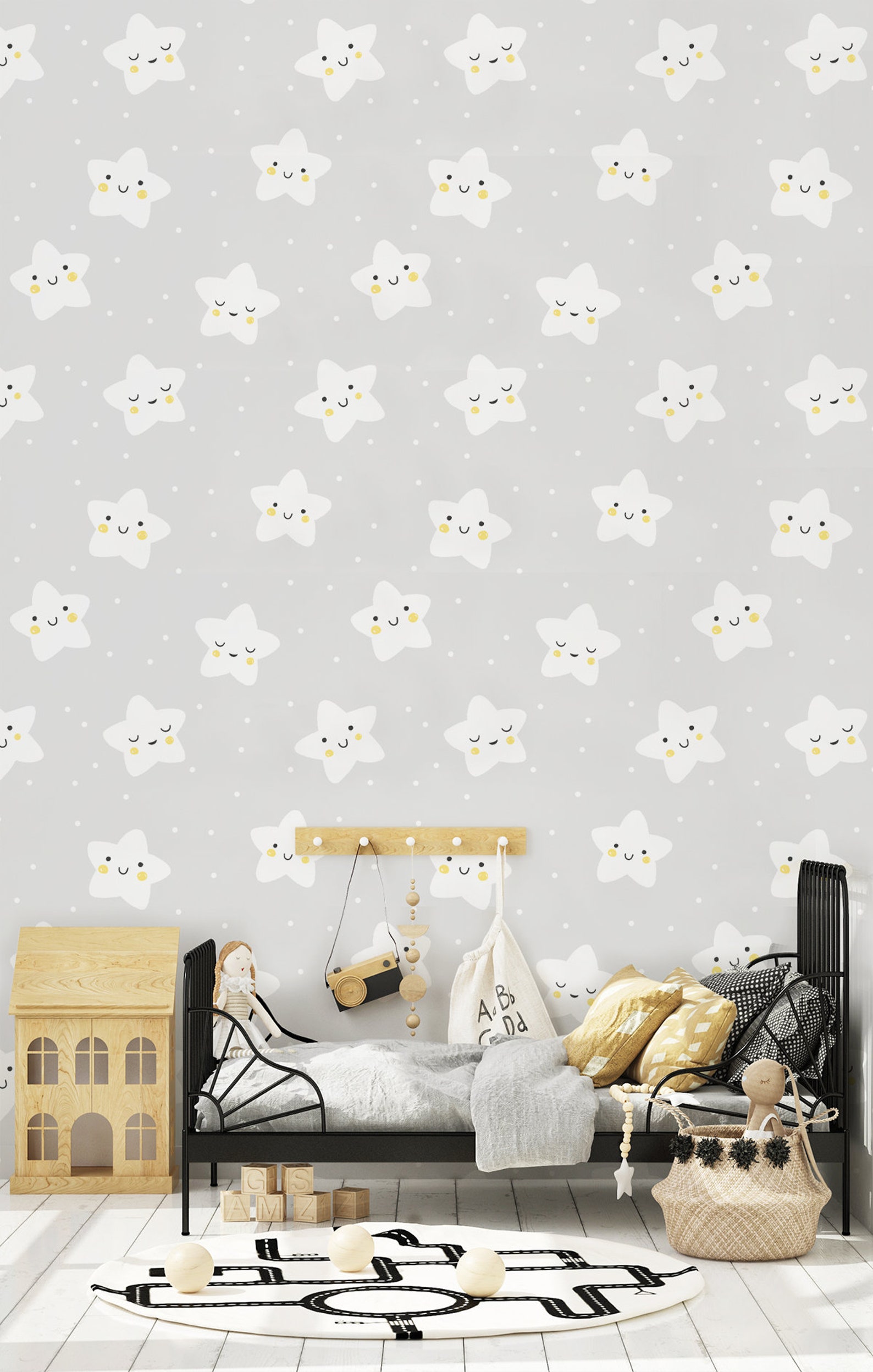 Light Gray Wallpaper for Kids With White Smiling Stars, Nursery Wall ...