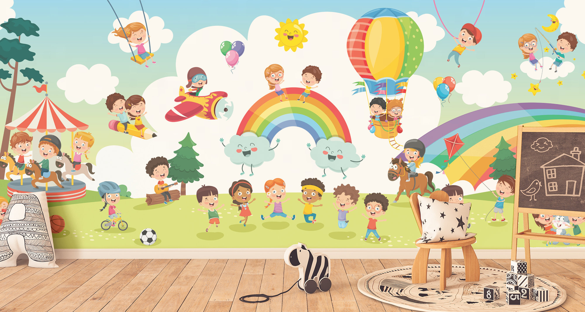 Kids Playground Wallpaper, Cartoon Rainbow Landscape Mural | Peel and ...