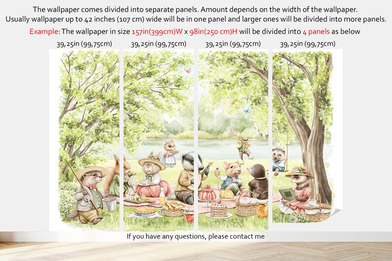 Vintage Animal Wallpaper With Green Landscape, Picnic, Wall Mural ...