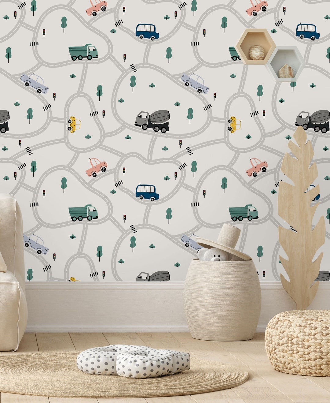 City Map Wallpaper With Roads, Cars, Trucks, Trees, Kids Mural, Nursery ...