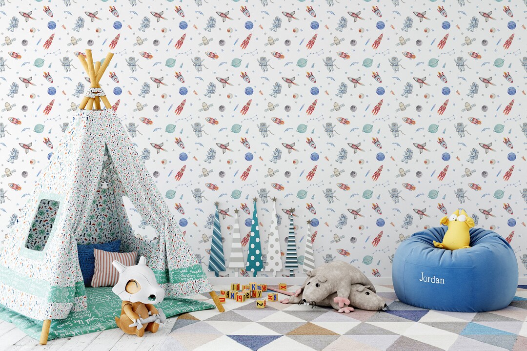 Watercolor Space Wallpaper, Rocket, Spaceships and Stars, Wall Mural ...