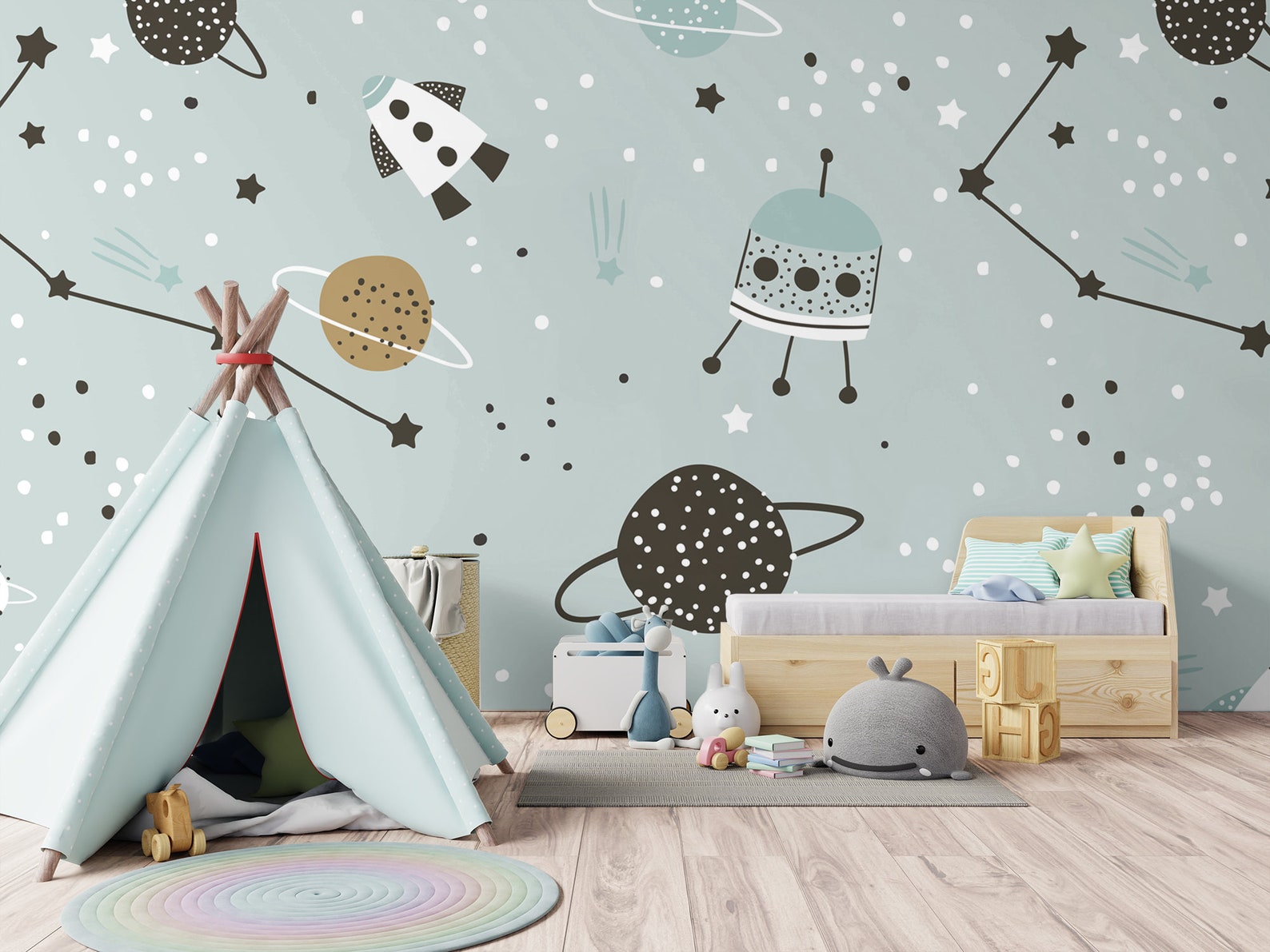 Mint Green Space Wallpaper Planets and Stars Wallpaper for - Etsy