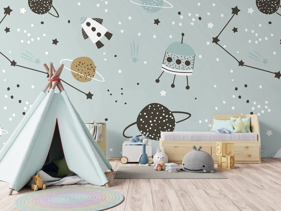 Mint Green Space Wallpaper Planets and Stars Wallpaper for | Etsy