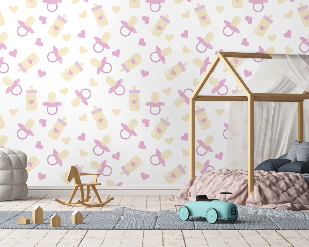 Lovely Wallpaper With a Baby Pacifier, Hearts, Milk Bottle, Nursery ...