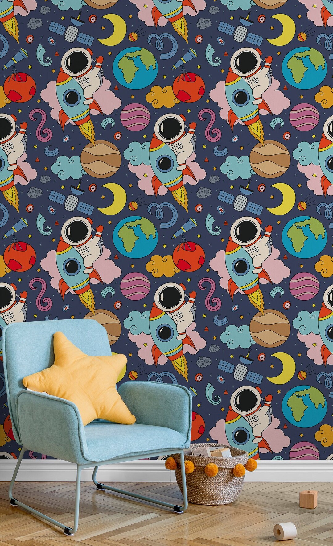 Abstract Space Wallpaper With Astronaut, Rocket, Wall Mural, Removable ...