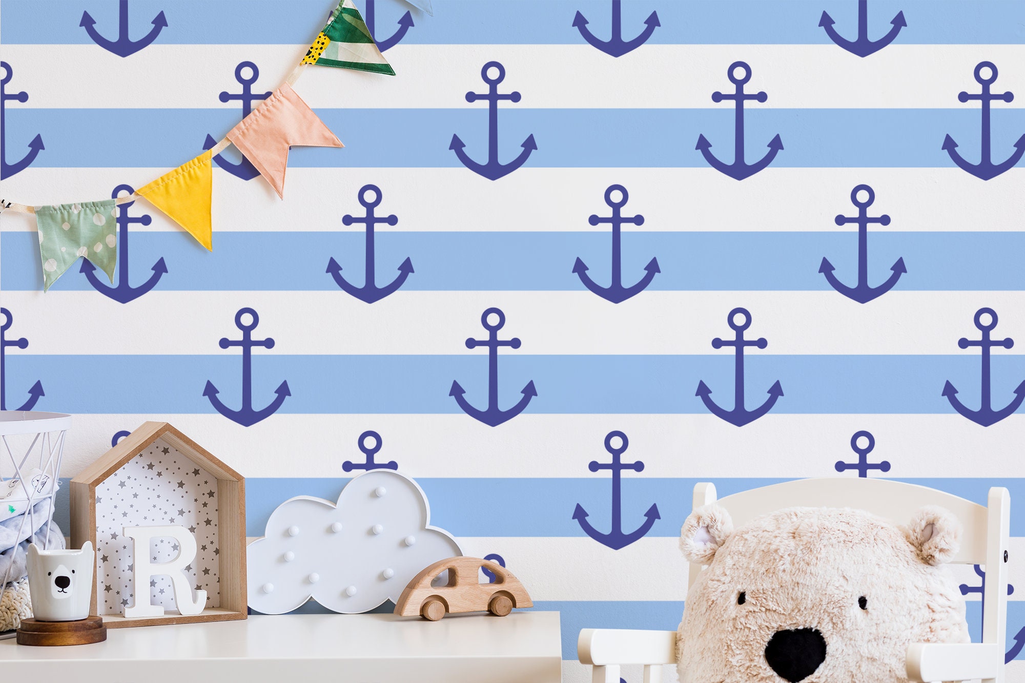 Nautical Wallpaper With White and Blue Stripes and Anchors, for Kids ...