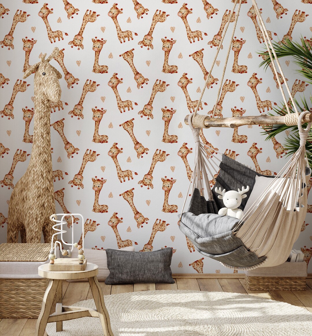 Watercolor Animal Wallpaper, Cute Giraffe and Heart, Removable, Nursery ...