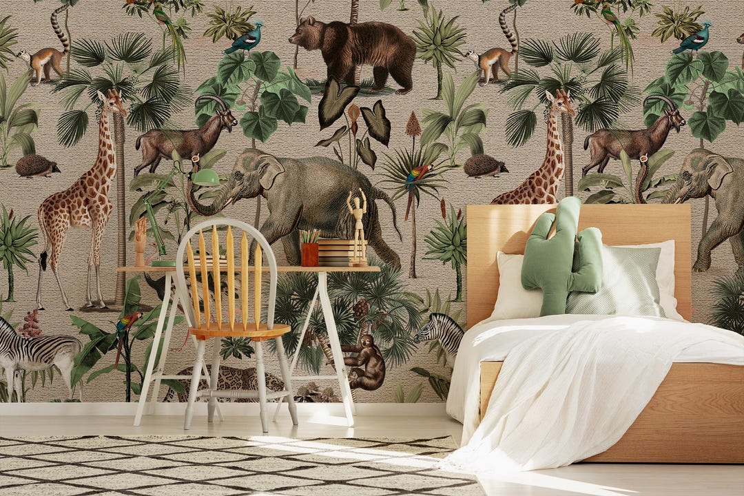 Vintage Jungle Animals Wallpaper, Tropical Decor, Kids Wall Art ...