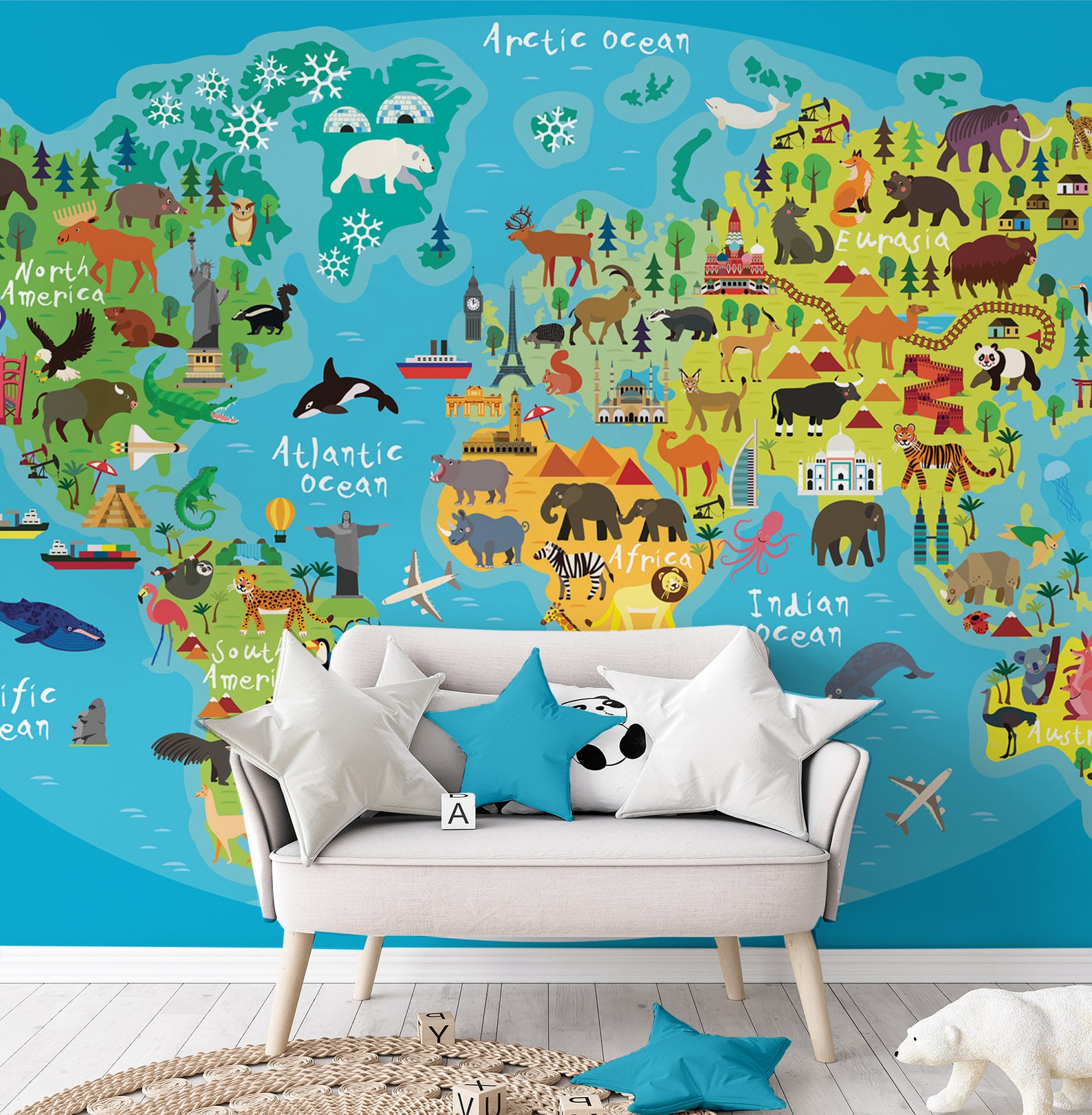 Cartoon World Map Wallpaper Earth Map Animals of the World - Etsy