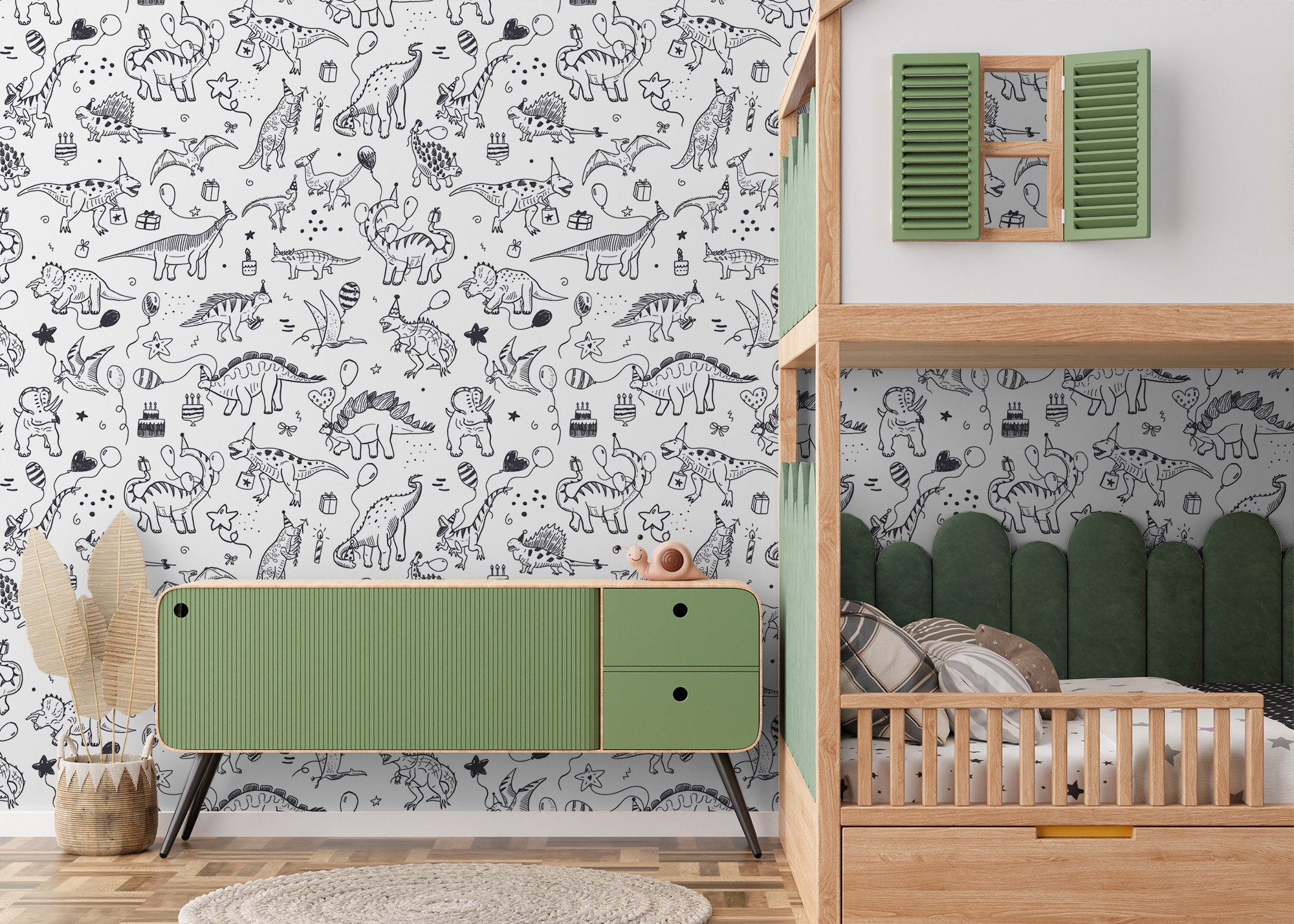 Black and White Dinosaur Wallpaper, Doodle Art, Removable Mural ...
