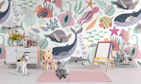 Underwater Wallpaper Marine Life Sea Animals Pattern Peel - Etsy