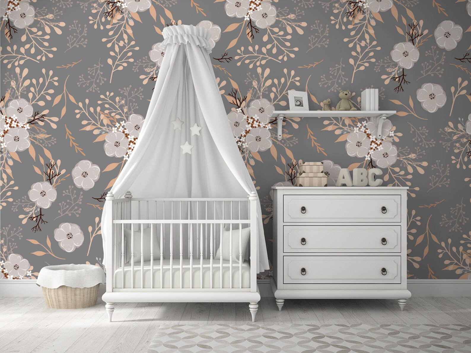 Beautiful Floral Wallpaper With Small Flowers and Leaves on a Gray ...