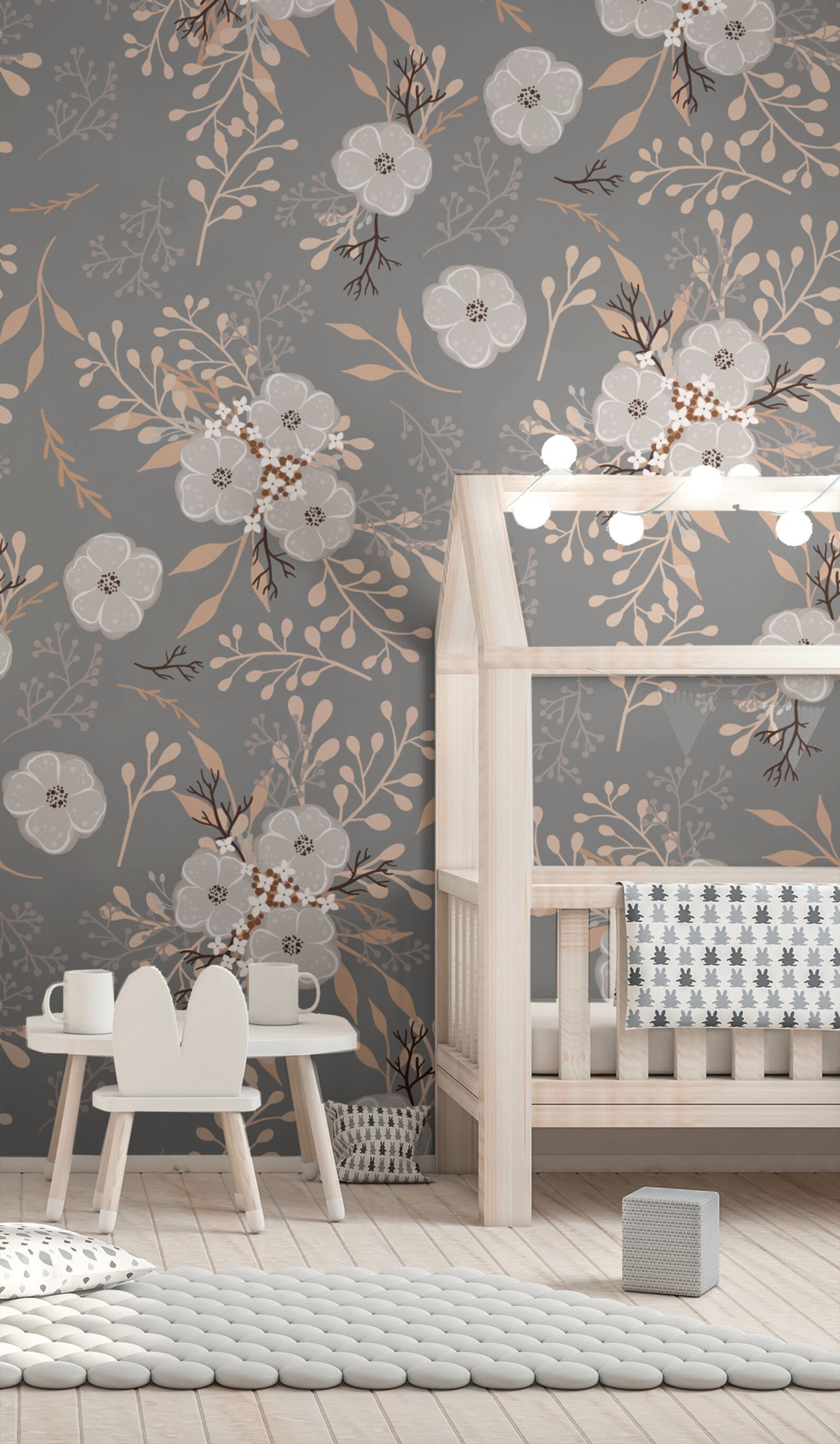 Beautiful Floral Wallpaper With Small Flowers and Leaves on a Gray ...