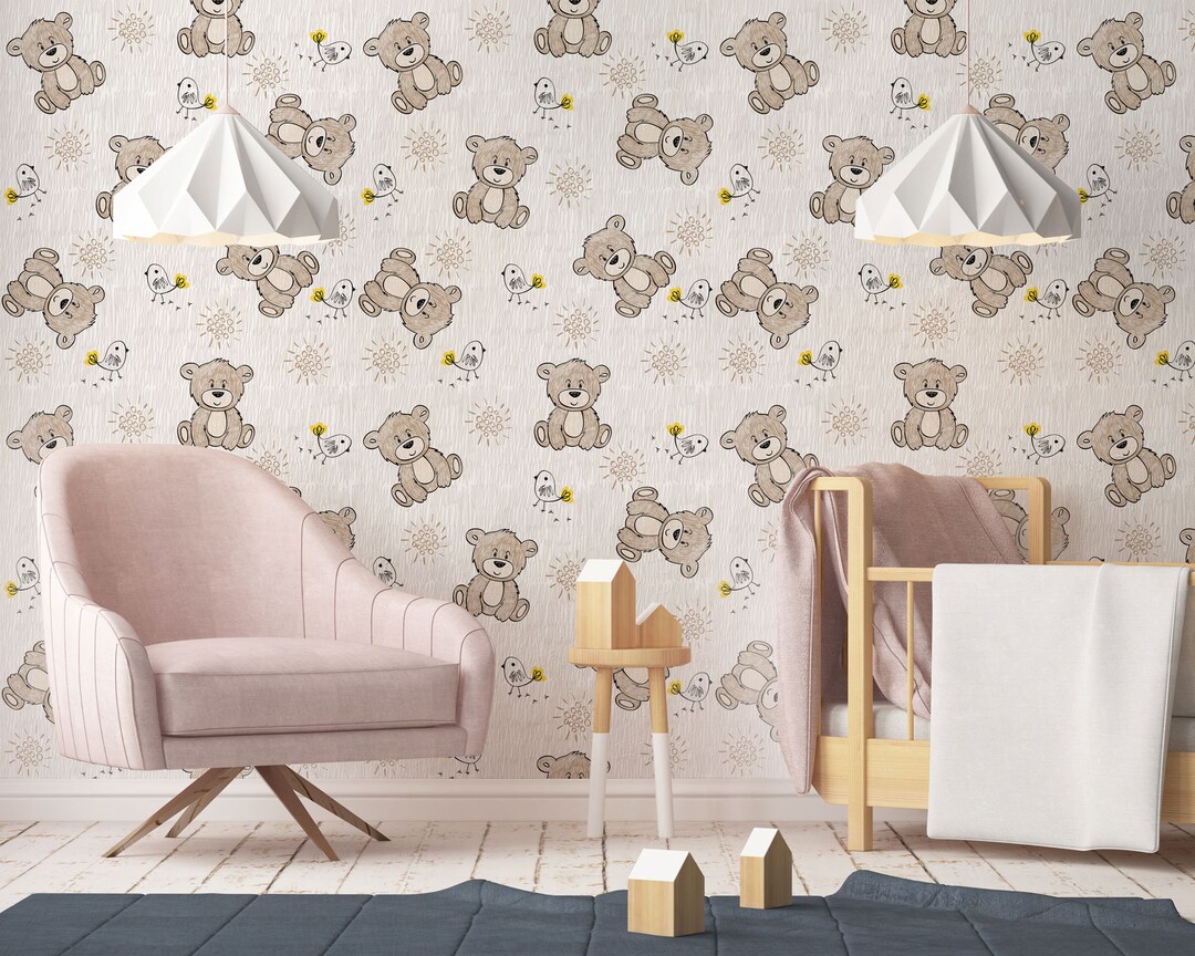 Cute Wallpaper With Teddy Bears Pattern, Nursery Wall Mural, Peel and ...