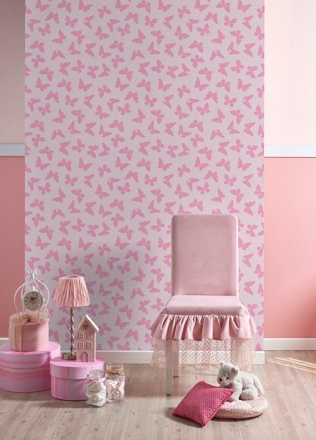 Pink Butterfly Wallpaper, Pink Girl Pattern, Removable, Nursery Wall ...