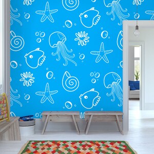 Blue Wallpaper, Fish, Starfish, Jellyfish and Shell, Removable, Nursery ...