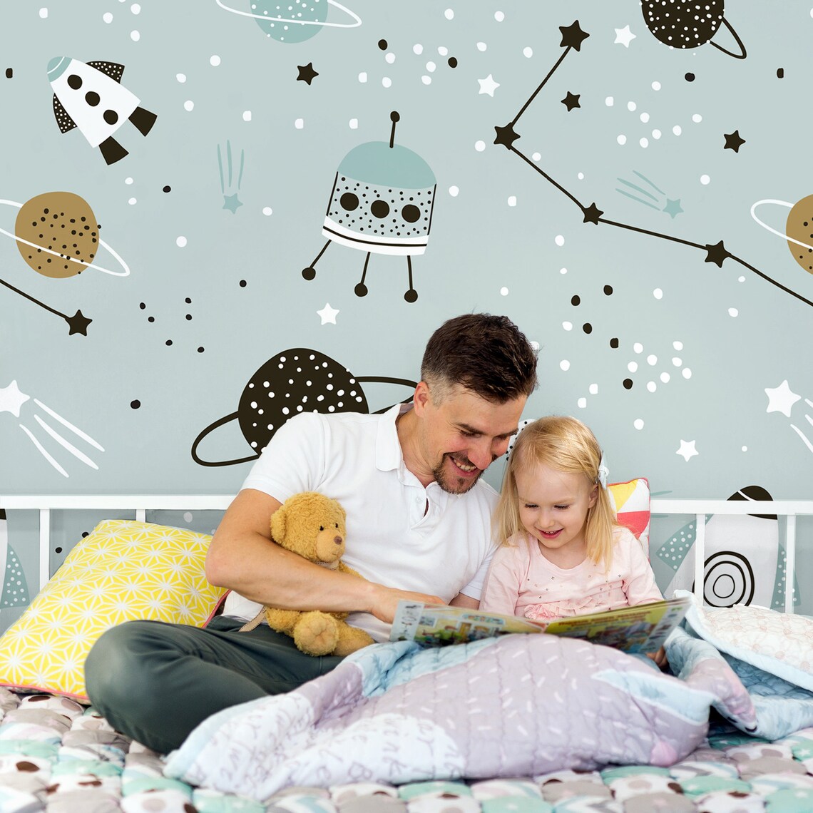 Mint Green Space Wallpaper Planets and Stars Wallpaper for | Etsy