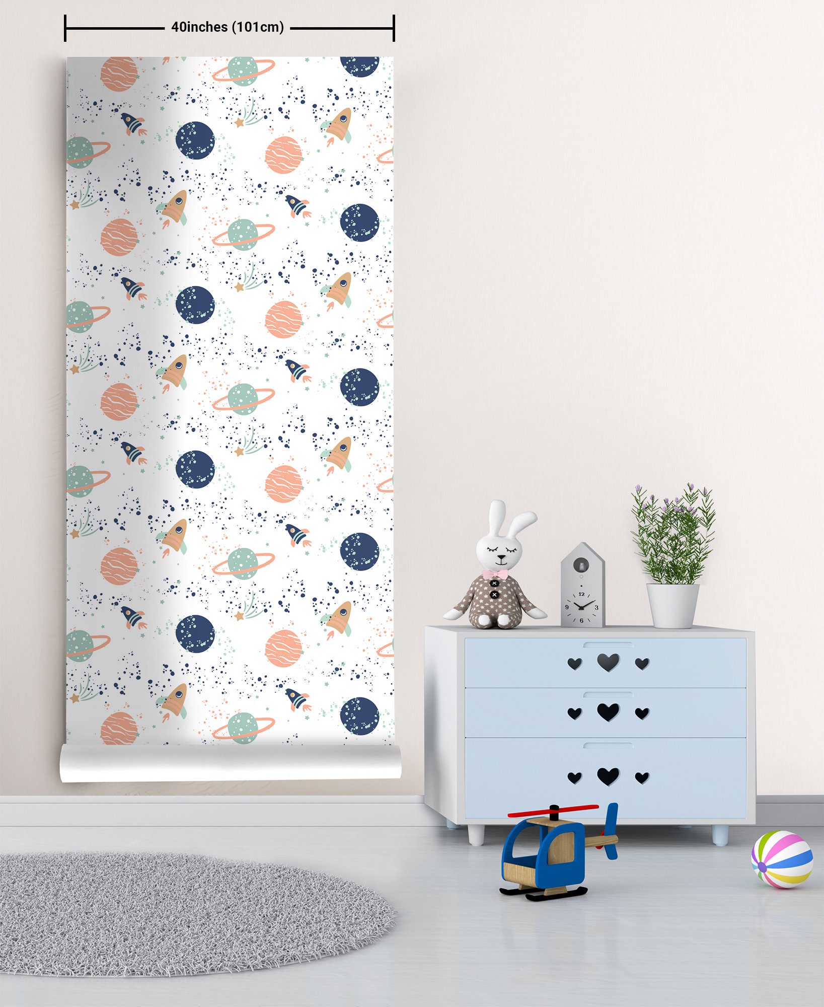 White Vector Space Wallpaper, Planets & Stars Mural, Wallpaper for Kids ...
