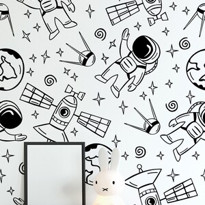 Wallpaper With Astronaut, Rocket and Planets, Removable, Nursery Wall ...