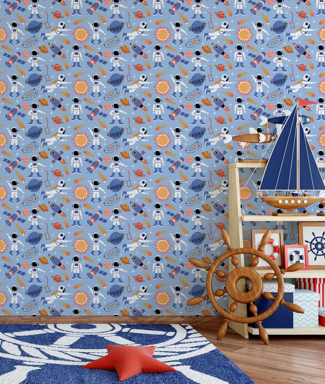 Space Wallpaper With Astronaut Pattern, Wall Mural, Removable, Self ...