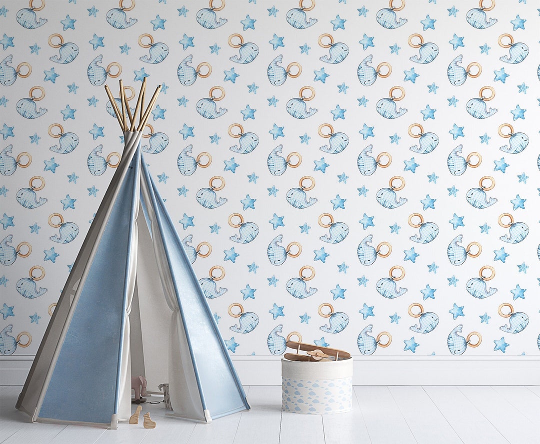 Watercolor Animal Blue Wallpaper With Star, Wall Mural, Removable, Self ...